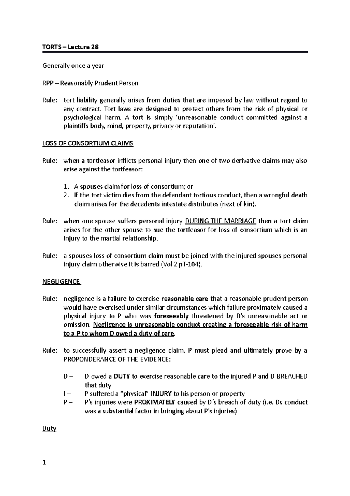 NY Torts Notes - UBE Tort Law - TORTS – Lecture 28 Generally once a ...