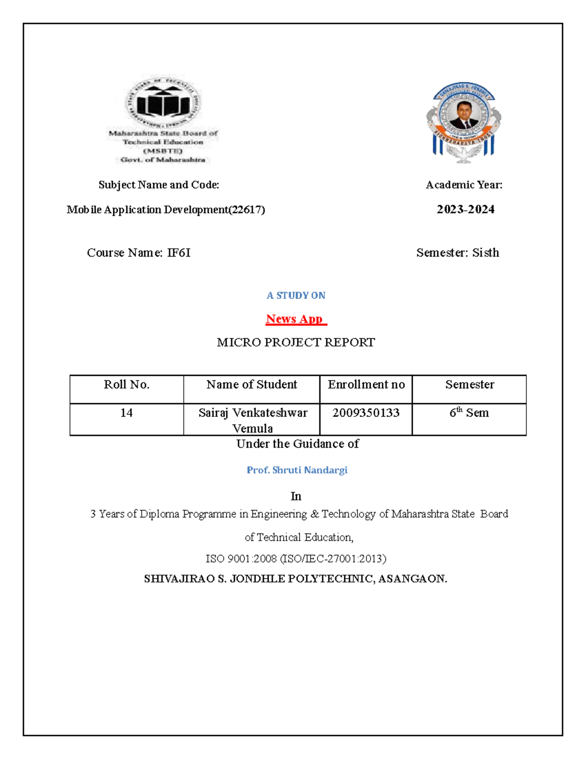 MAD micro project - Subject Name and Code: Academic Year: Mobile ...