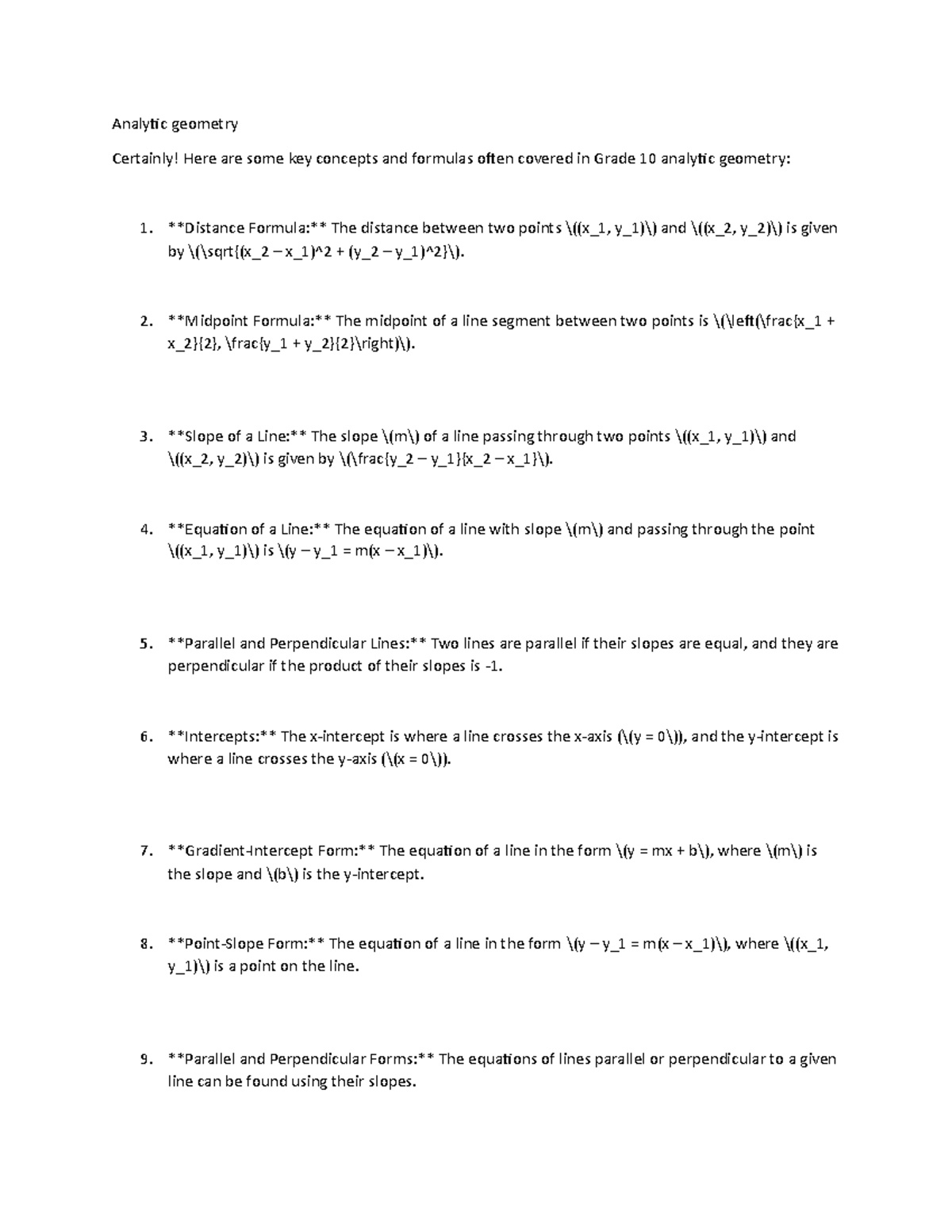Document - It's notes - Analytic geometry Certainly! Here are some key ...