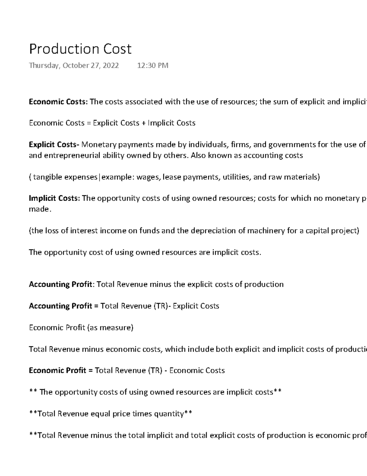 Production Cost - These notes are from McGraw Hill Textbook for ...