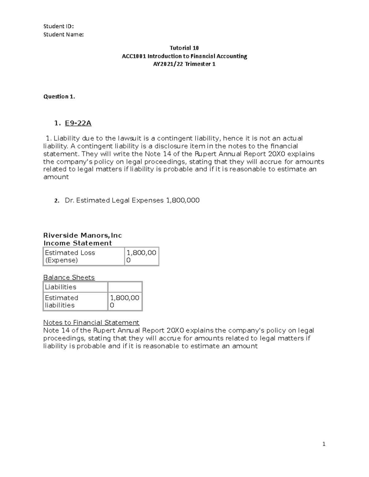 Tutorial 10 Worksheet Answers - Student Name: Tutorial 10 ACC1001 ...