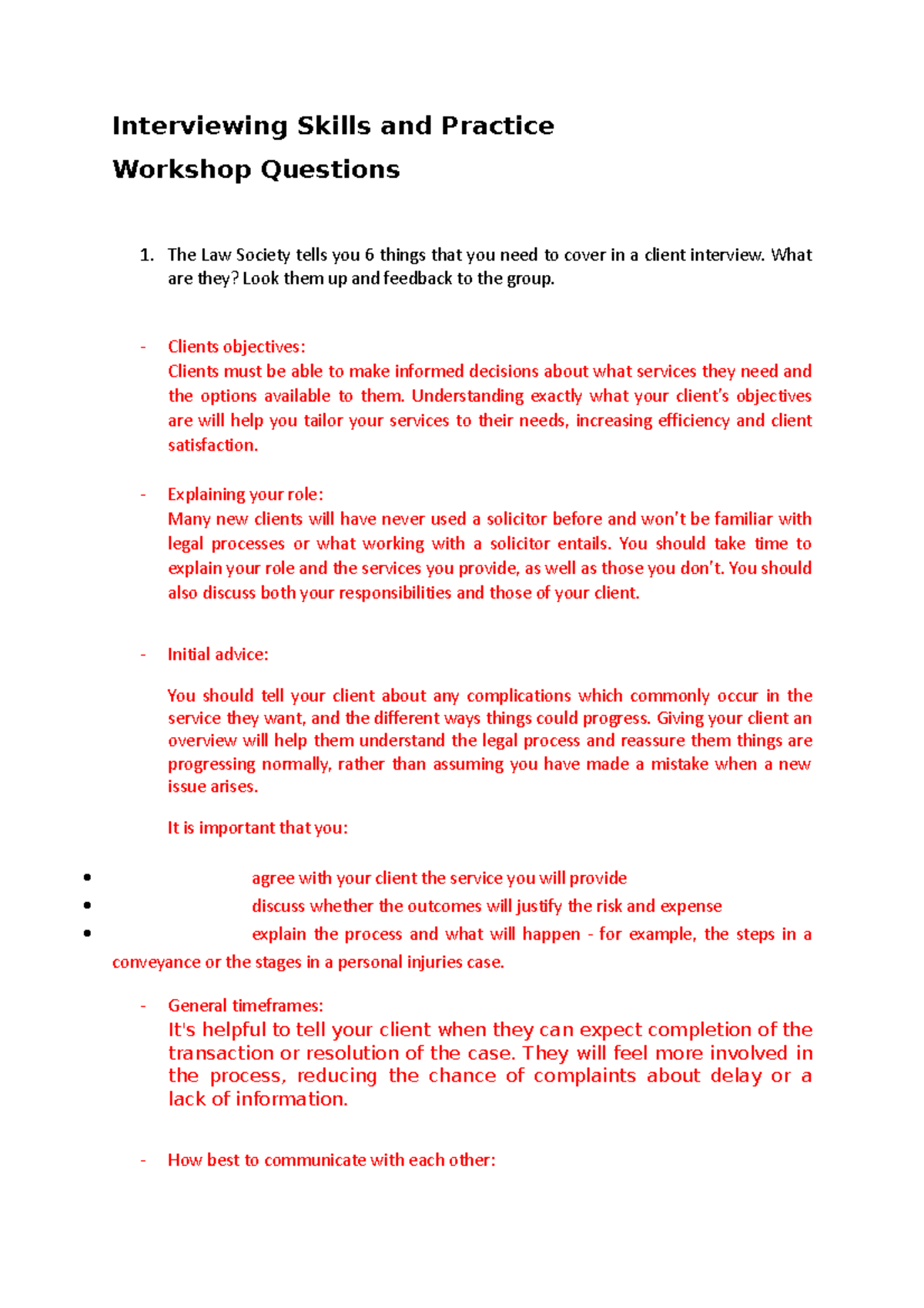 Interviewing worksheet - Interviewing Skills and Practice Workshop ...