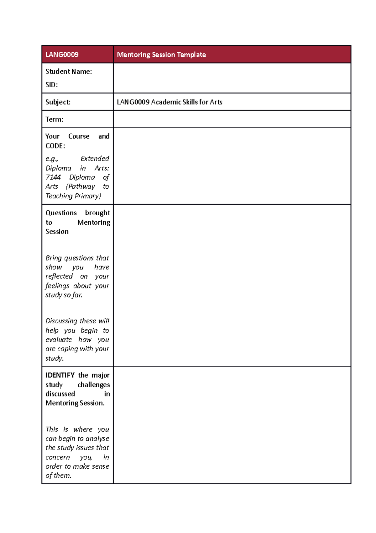 LANG0009 Assessment 3 Portfolio Mentoring Session Template - LANG0009 ...