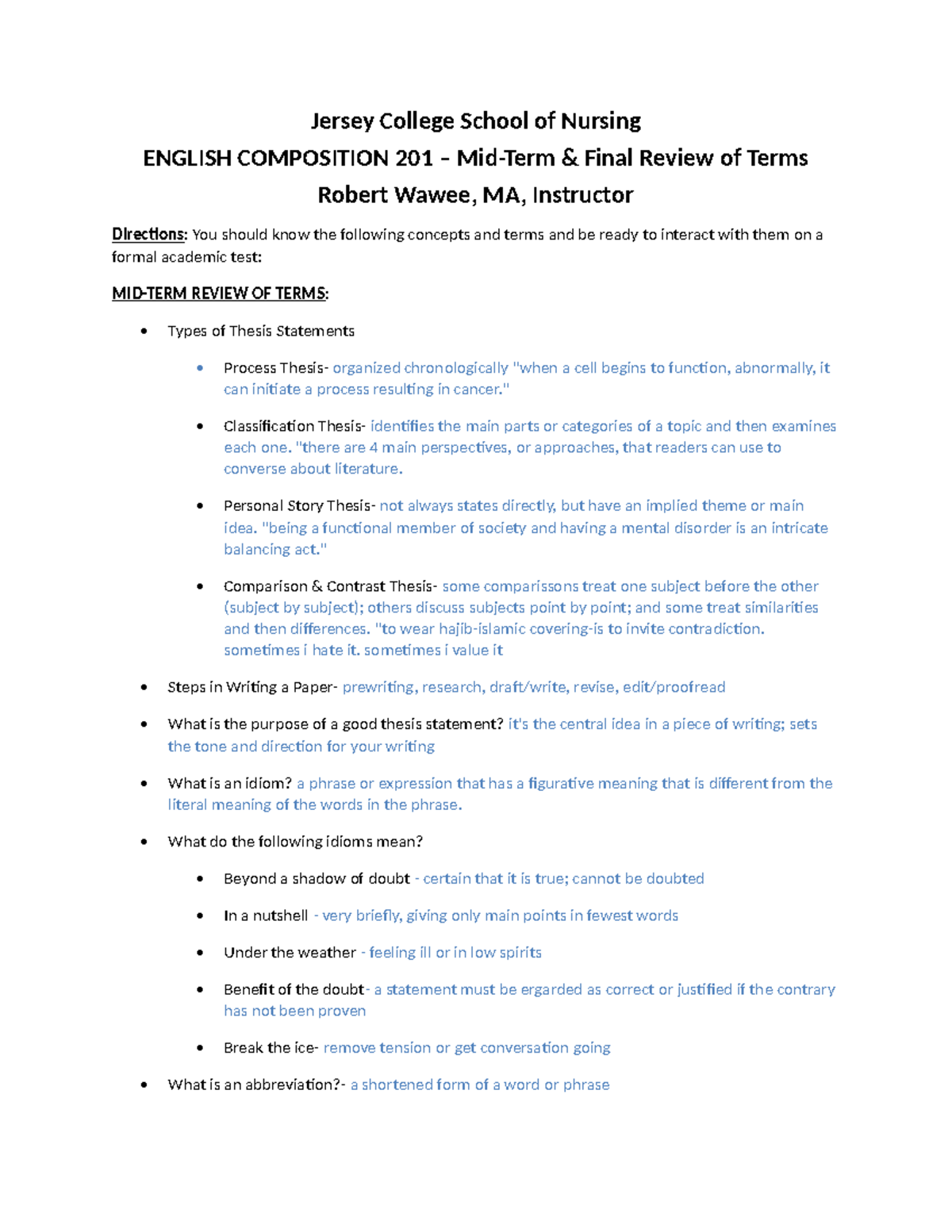 ENGL COMP Mid-Term & Final Review of Terms Spring 2024-2-2 - Jersey ...