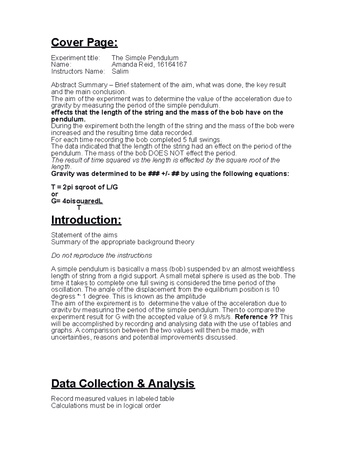 91913001 Lab Report 1 the Simple Pendulum - Cover Page: Experiment ...