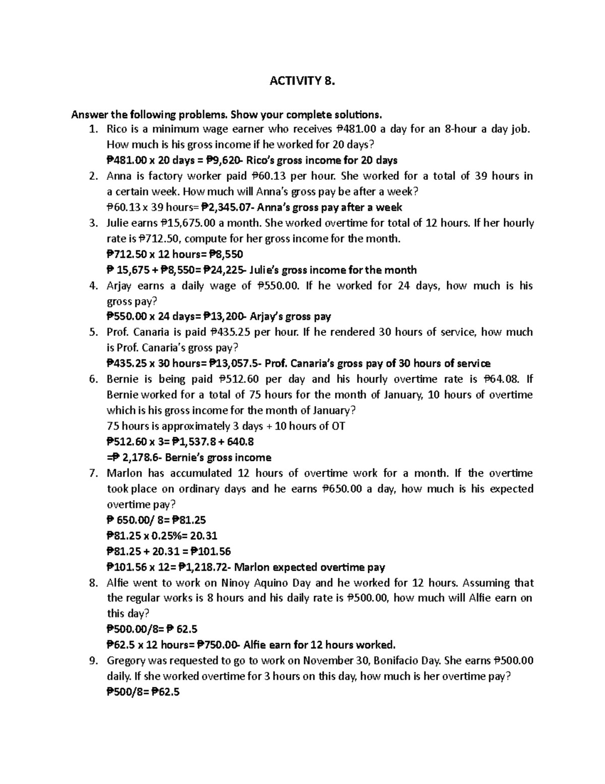 Activity 8 Business math - ACTIVITY 8. Answer the following problems ...