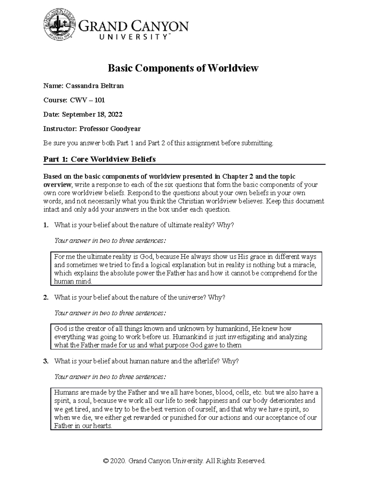 CWV-101-301-RS-T1Basic Components Of Worldview - Basic Components of Worldview Name: Cassandra ...