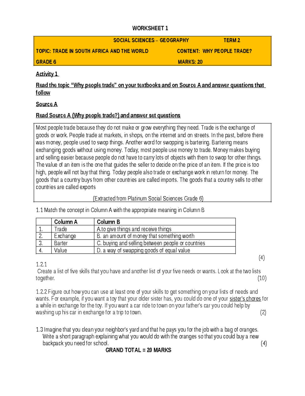 Social Sciences-Grade 6 Geography worksheet May 2020 - WORKSHEET 1 ...