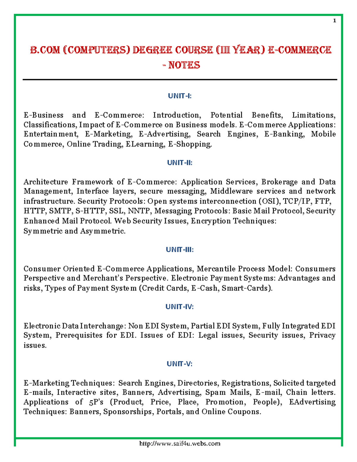 E-ommerce-Notes - ecommerce imp ans unit wise - B (COMPUTERS) DEGREE ...
