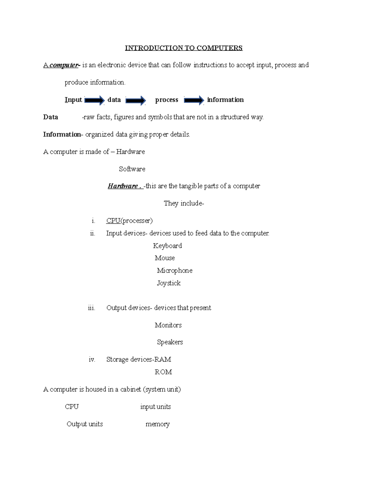 Introduction TO Computers - INTRODUCTION TO COMPUTERS A computer- is an electronic device that ...