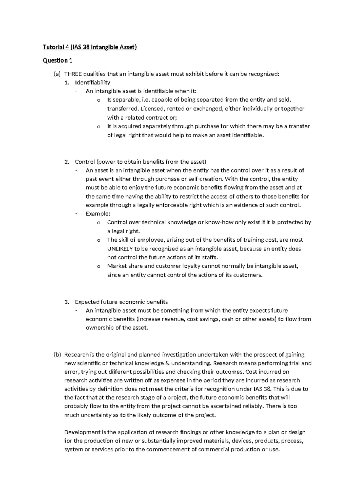 Tutorial 4 (IAS 38) - Tutorial 4 (IAS 38 Intangible Asset) Question 1 ...