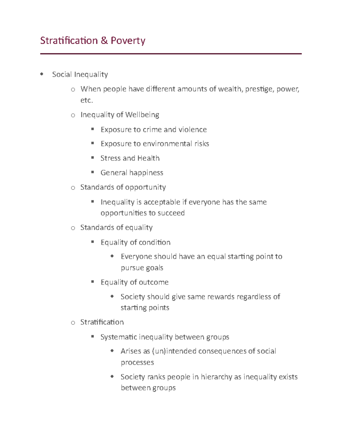 Chapter 7 Notes - Stratification & Poverty Social Inequality o When ...