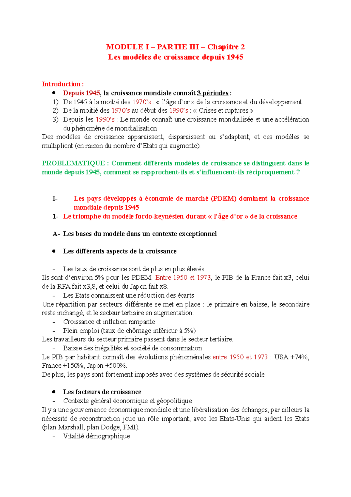 M1-P3-C2 - HGG - MODULE I – PARTIE III – Chapitre 2 Les modèles de croissance depuis 1945 - Studocu