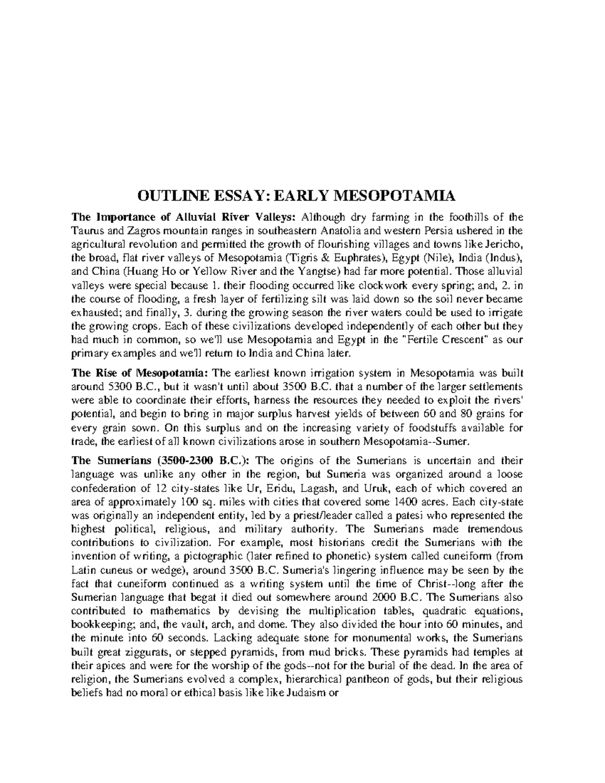 Lesson 2 Notes - Early Mesopotamia - OUTLINE ESSAY: EARLY MESOPOTAMIA ...