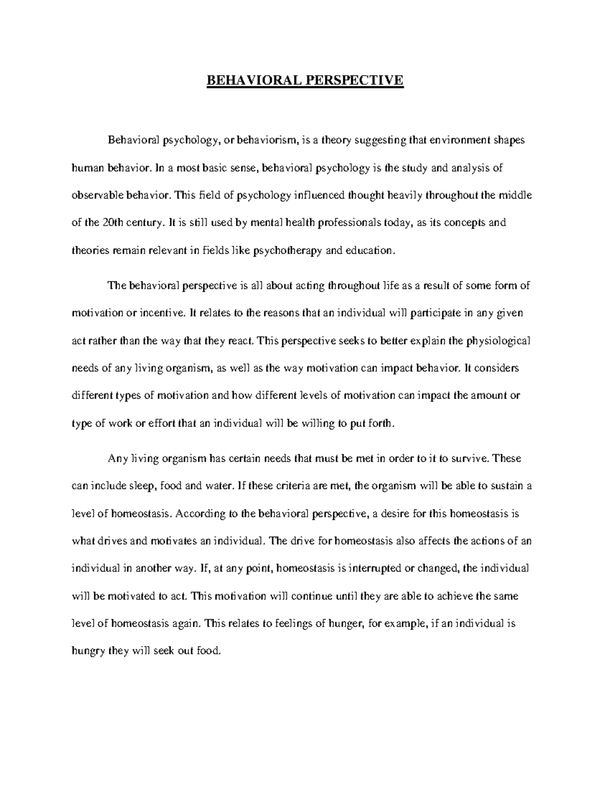 Behavioral Perspective - BEHAVIORAL PERSPECTIVE Behavioral psychology ...