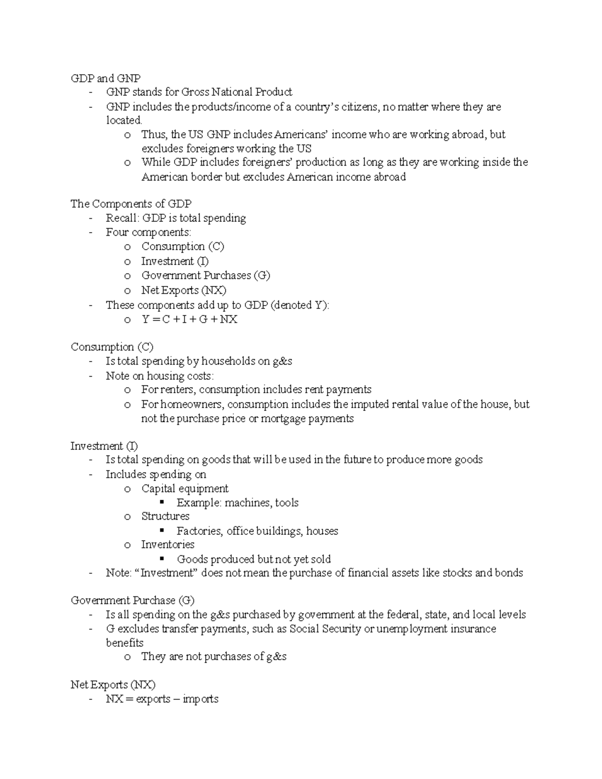 Chapter 10 Notes #2 - GDP and GNP - GNP stands for Gross National ...