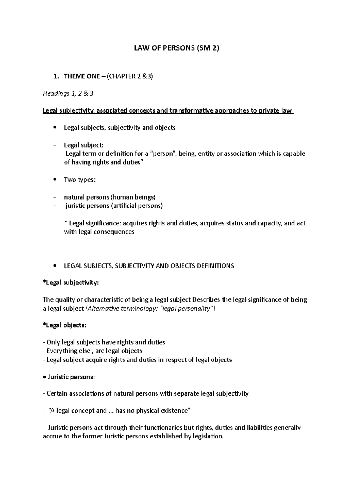 LAW OF Persons - LAW OF PERSONS (SM 2) 1. THEME ONE – (CHAPTER 2 &3 ...
