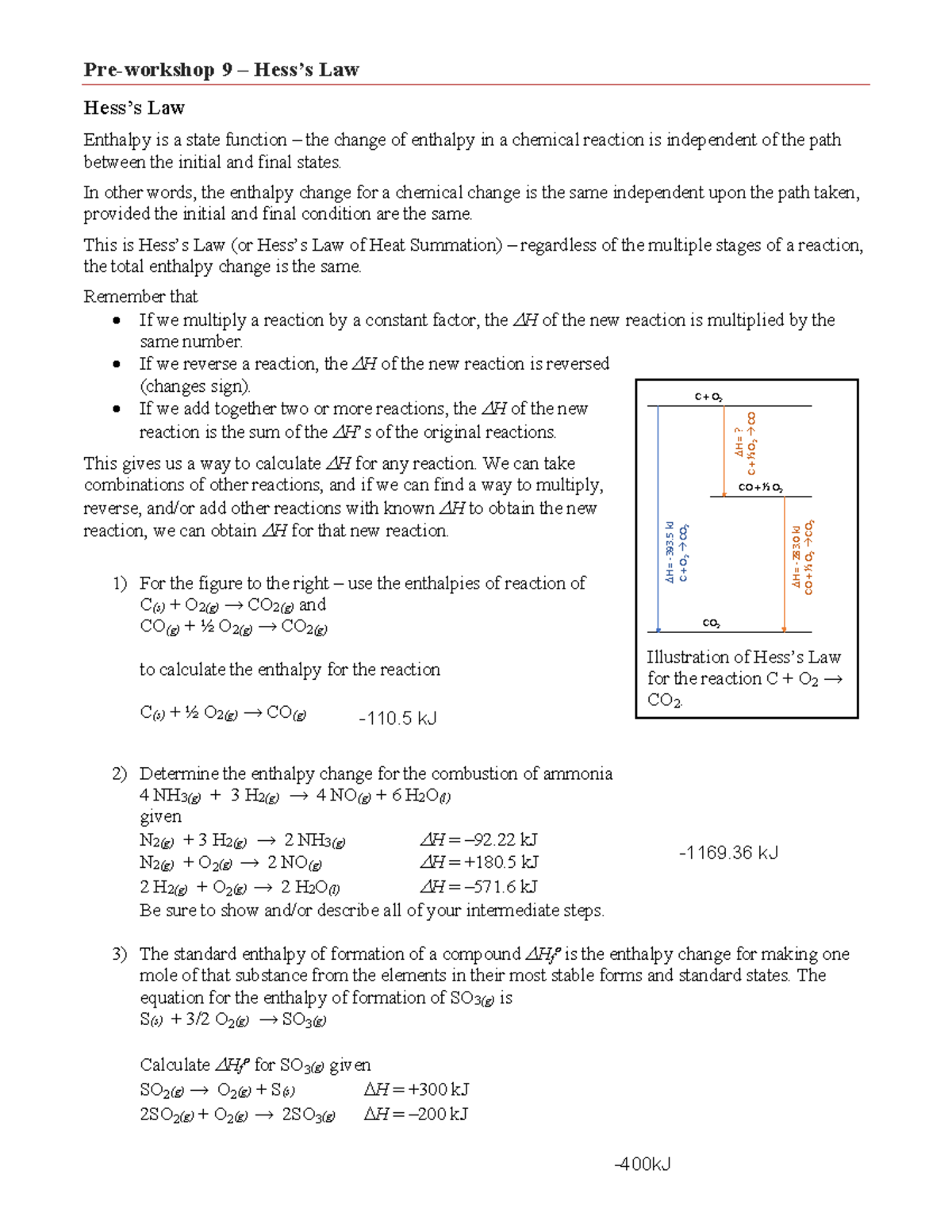 Workshop 9 Preparation Enthalpy - Pre-workshop 9 – Hess’s Law Hess’s ...
