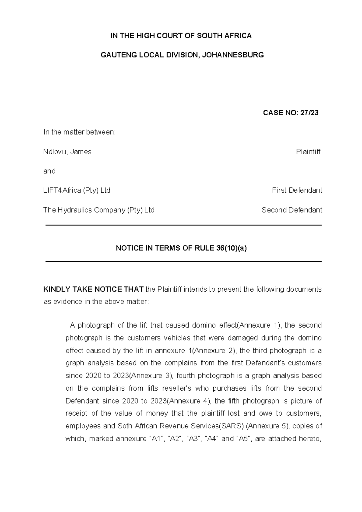 (main)rule+36(10) Notice - IN THE HIGH COURT OF SOUTH AFRICA GAUTENG ...
