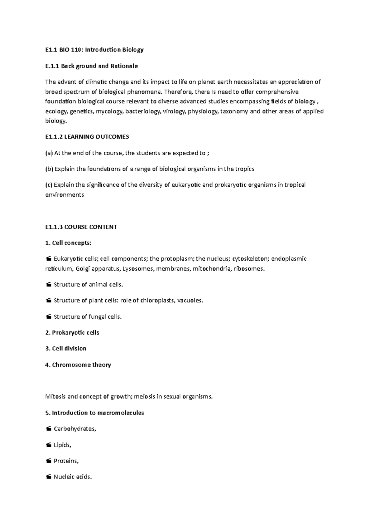 BI 110 course outline - E1 BIO 110: Introduction Biology E.1 Back ...