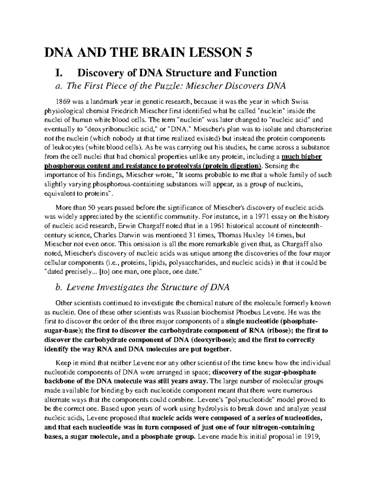 Lesson 5 DNA Lectures - DNA AND THE BRAIN LESSON 5 I. Discovery of DNA ...