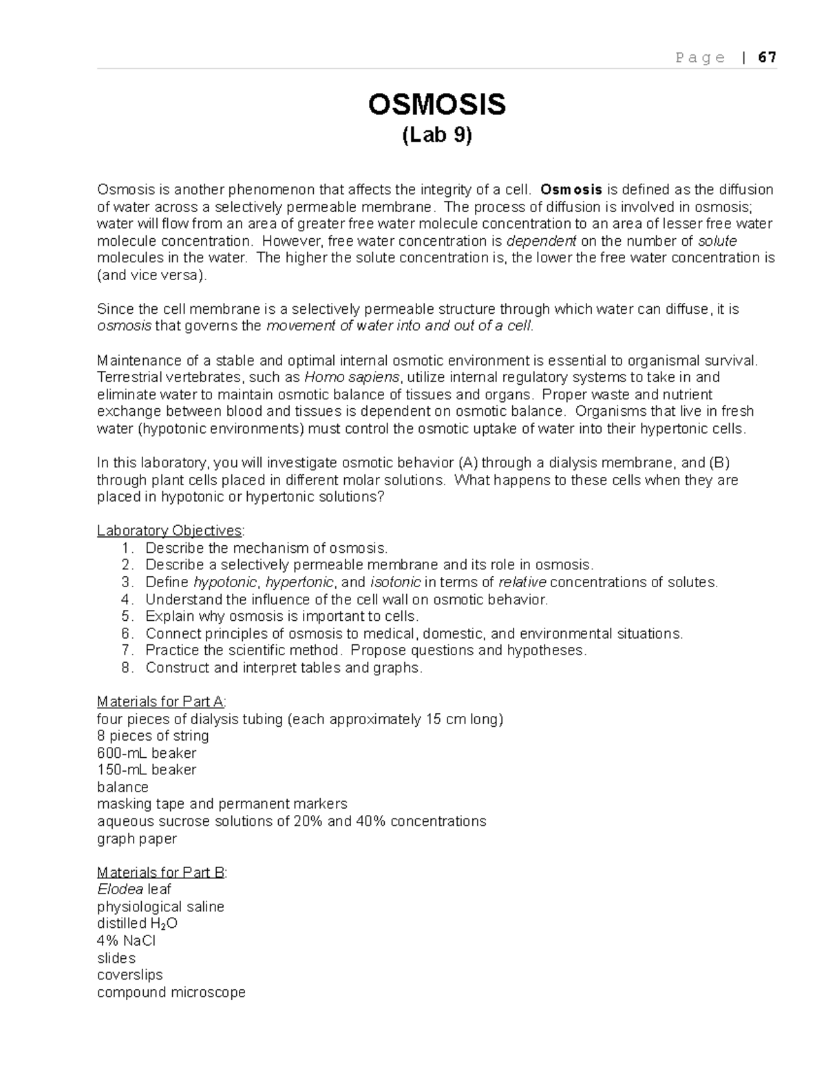 160Lab Manual Lab 9 Osmosis for general biology - OSMOSIS (Lab 9 ...