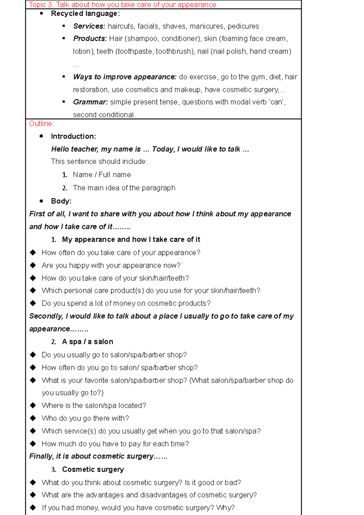 ENT2226 Topic 3 Writing Format - Topic 3: Talk about how you take care of your appearance ...