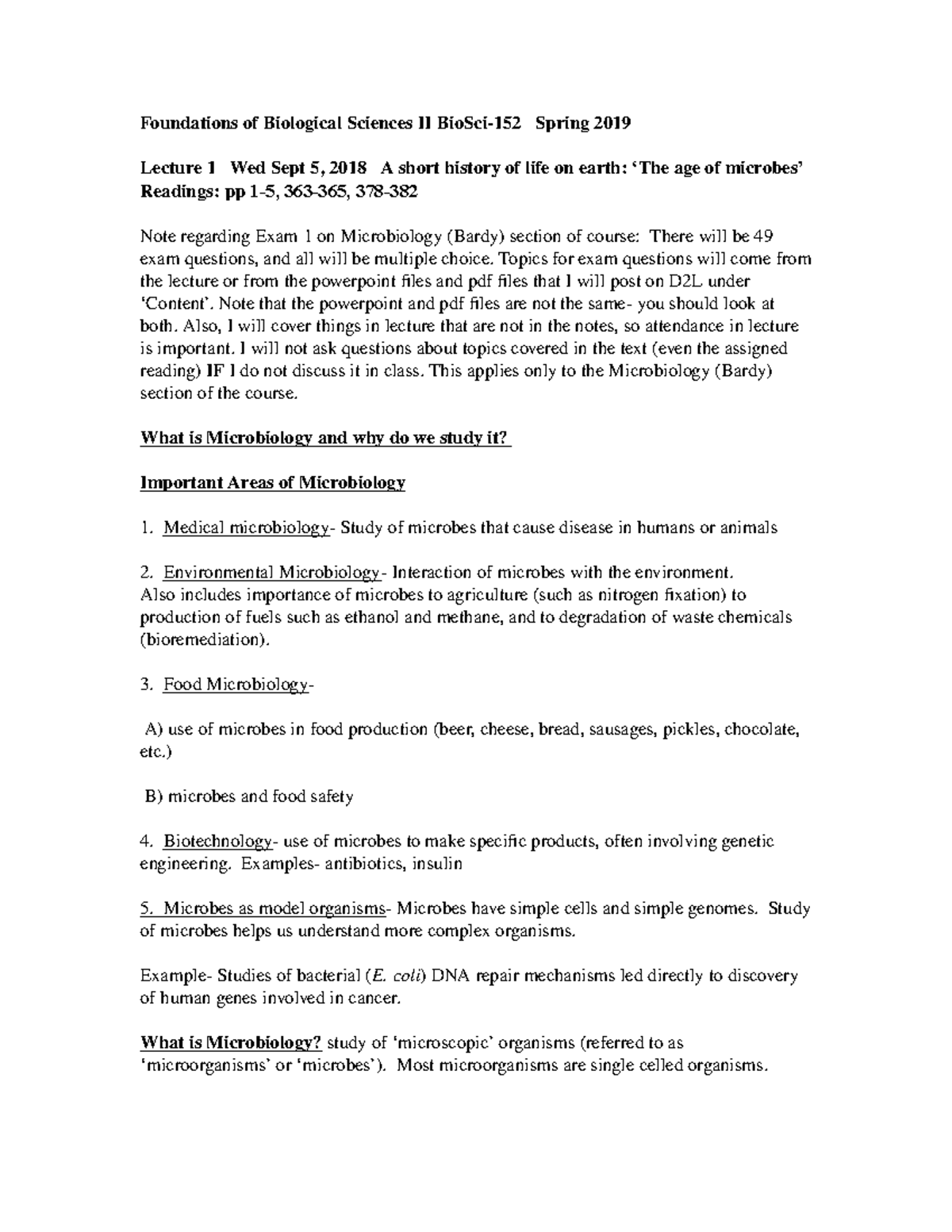 Lect1 Intro History of Life Notes - Foundations of Biological Sciences ...