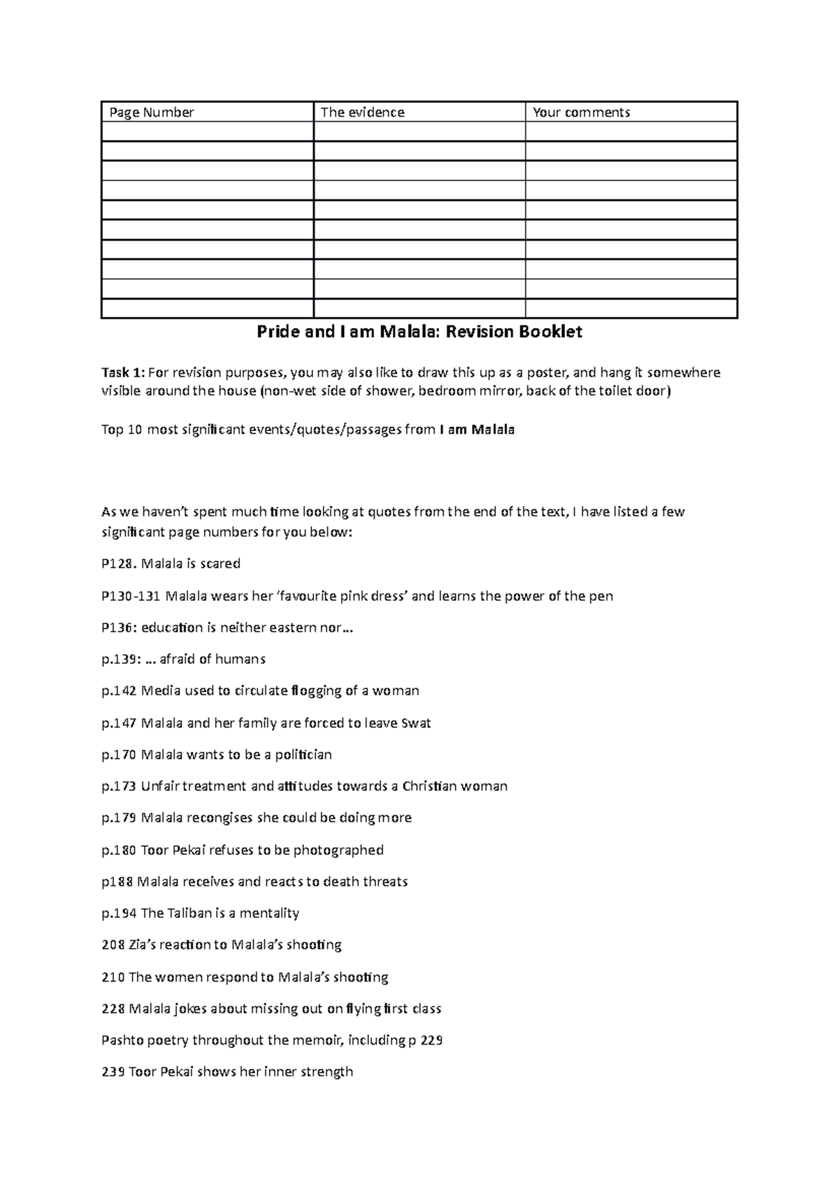 Pride and IAM Revision - Page Number The evidence Your comments Pride ...