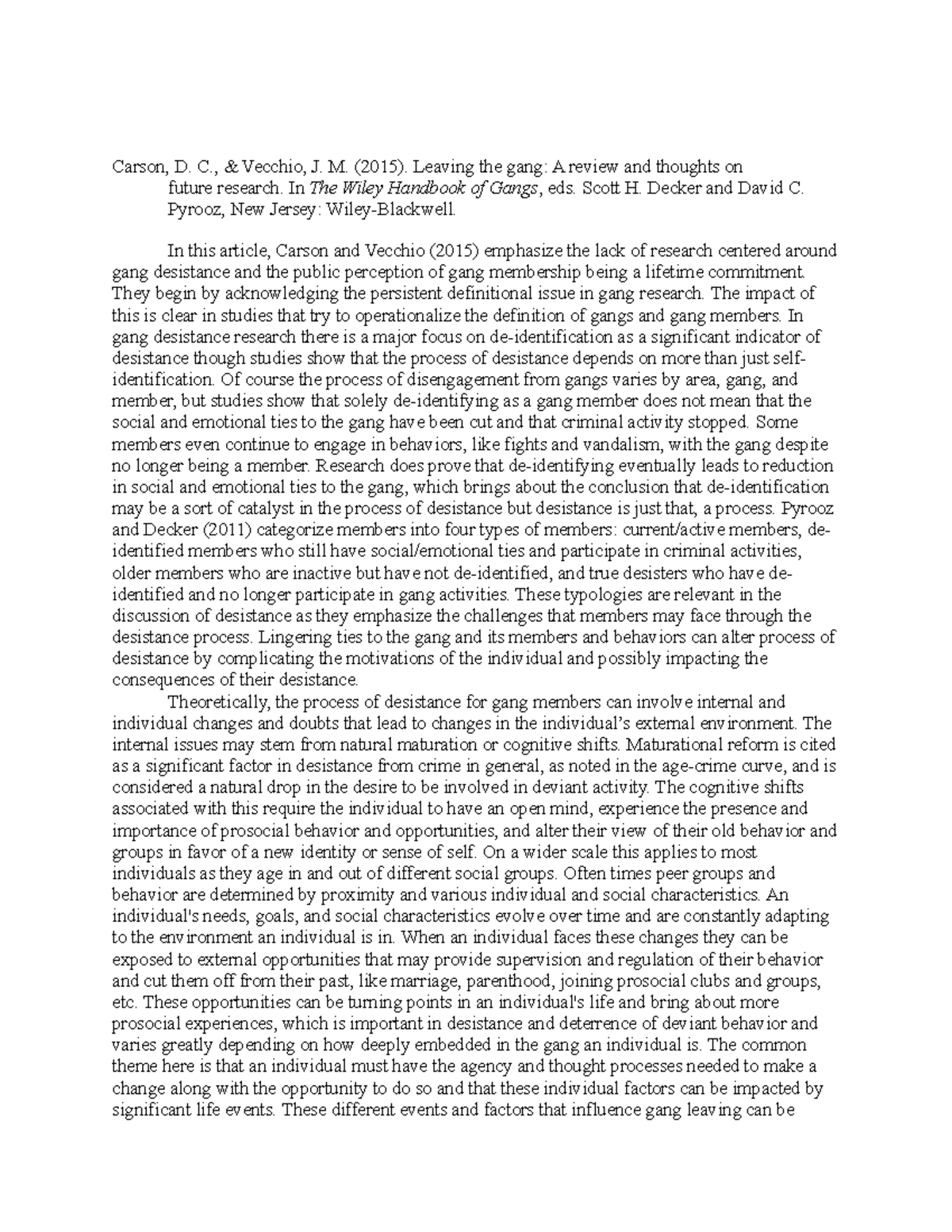 Gang desistance-2 - Notes - Carson, D. C., & Vecchio, J. M. (2015 ...