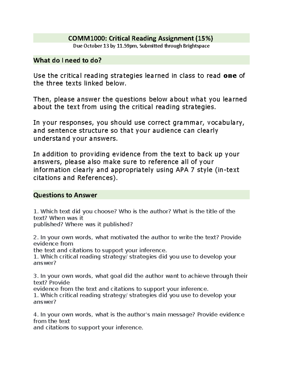 Critical Reading Assignment Instructions - COMM1000: Critical Reading Assignment (15%) Due ...