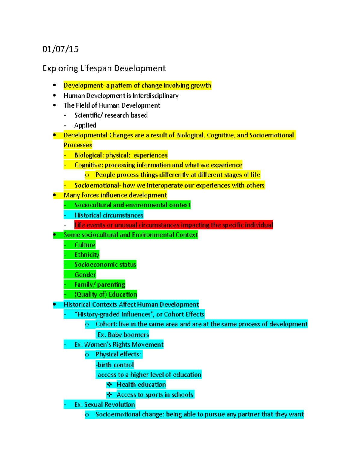 Unit 1 - Lecture notes 1-5 - 01/07/15 Exploring Lifespan Development ...