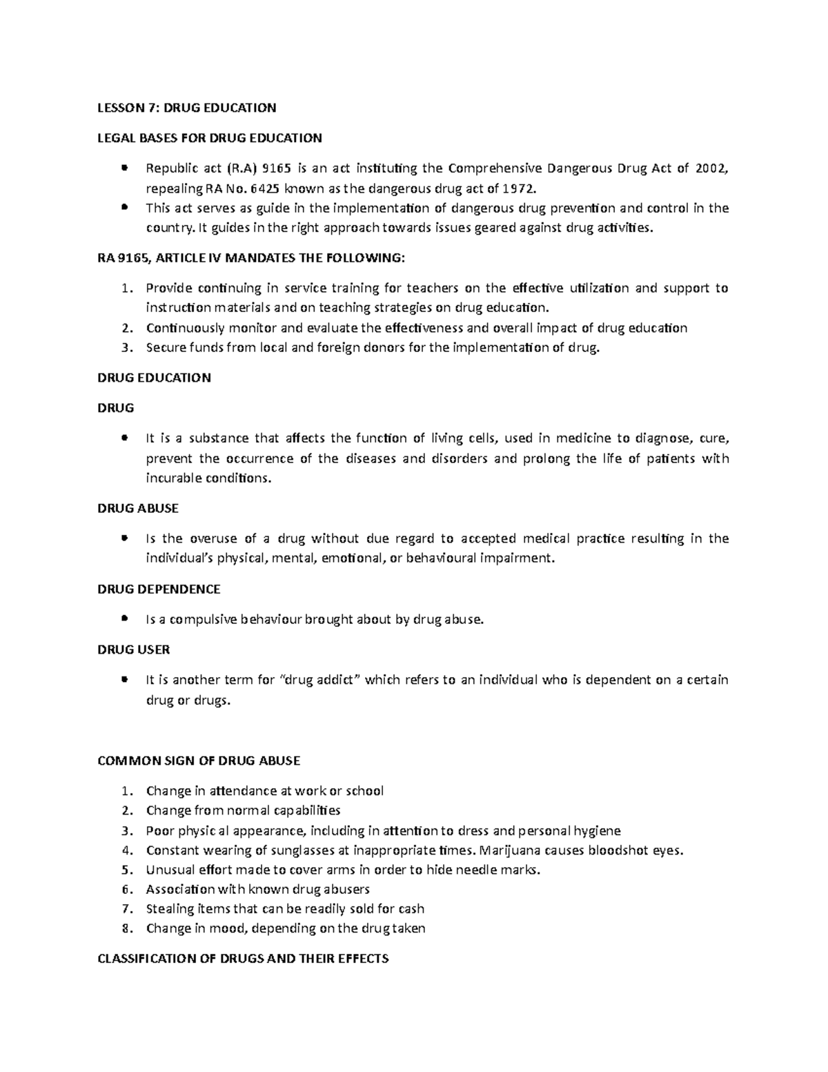 Lesson 7- NSTP Notes - LESSON 7: DRUG EDUCATION LEGAL BASES FOR DRUG ...