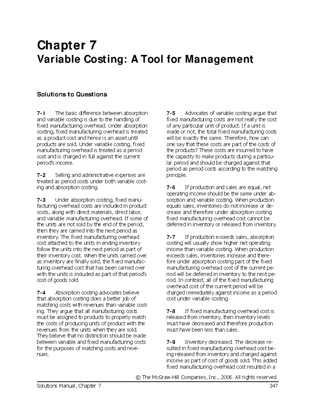 Chapter 7 Variable Costing A Tool for Ma - © The McGraw-Hill Companies ...