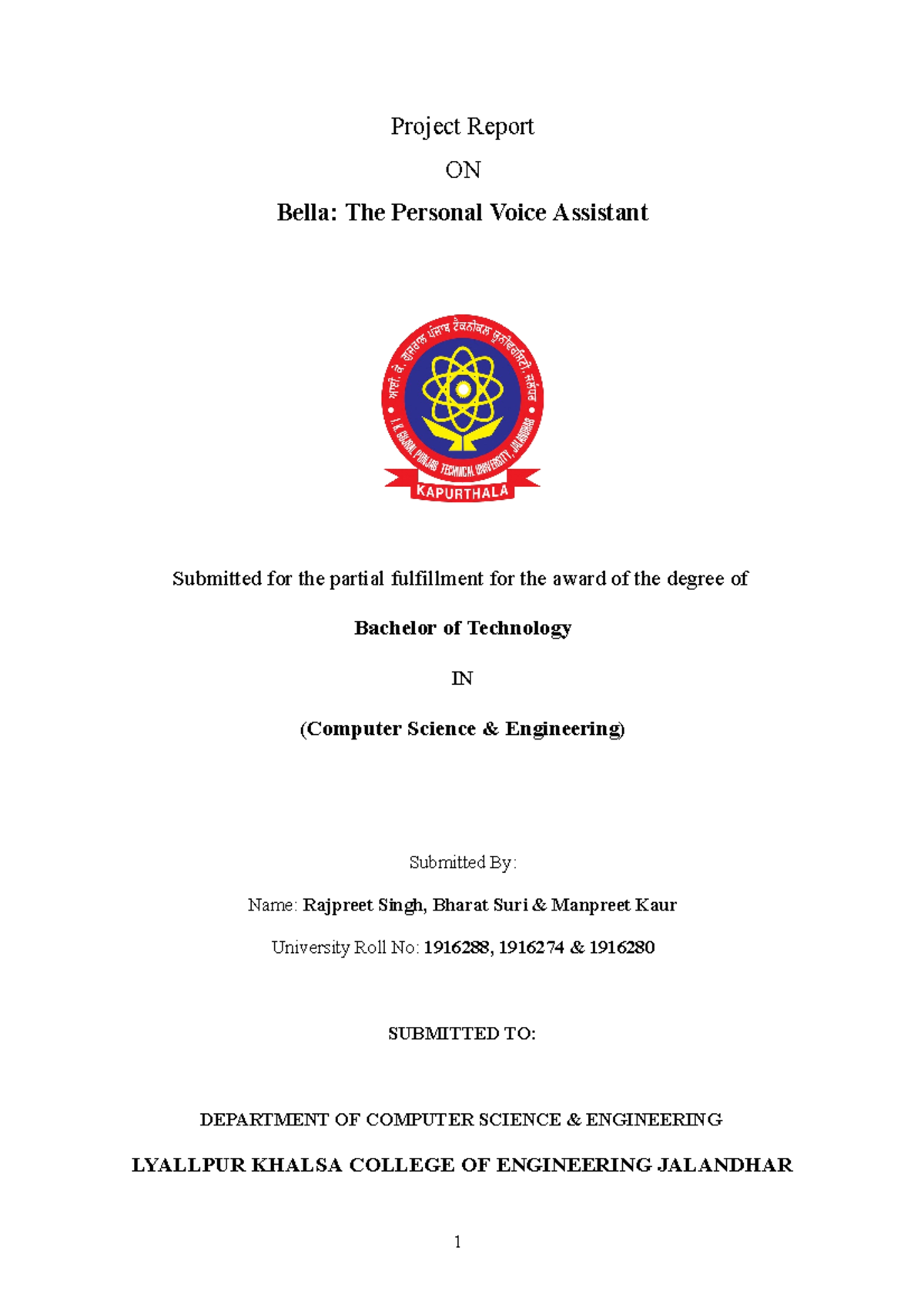 Voice Assistant using Python Final Report .docx - 1 Project Report ON ...