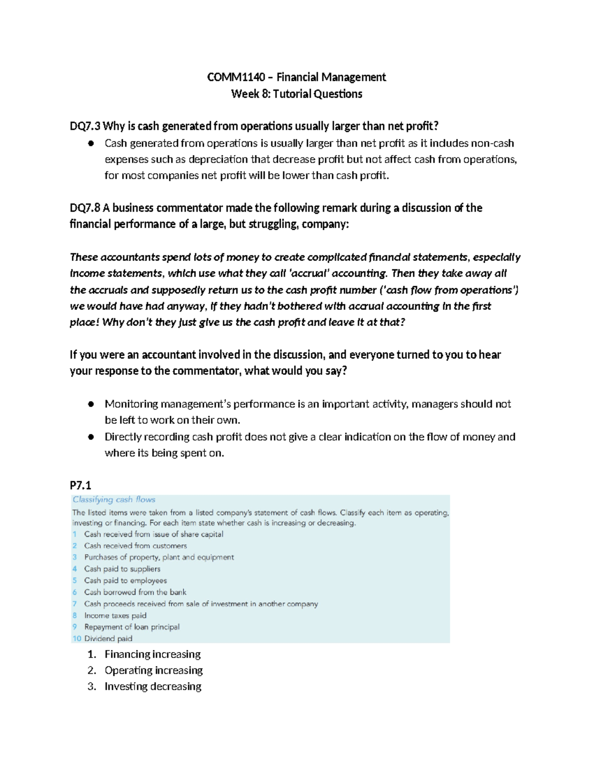 Week 8 Tutorial Questions and Answers - COMM1140 – Financial Management ...