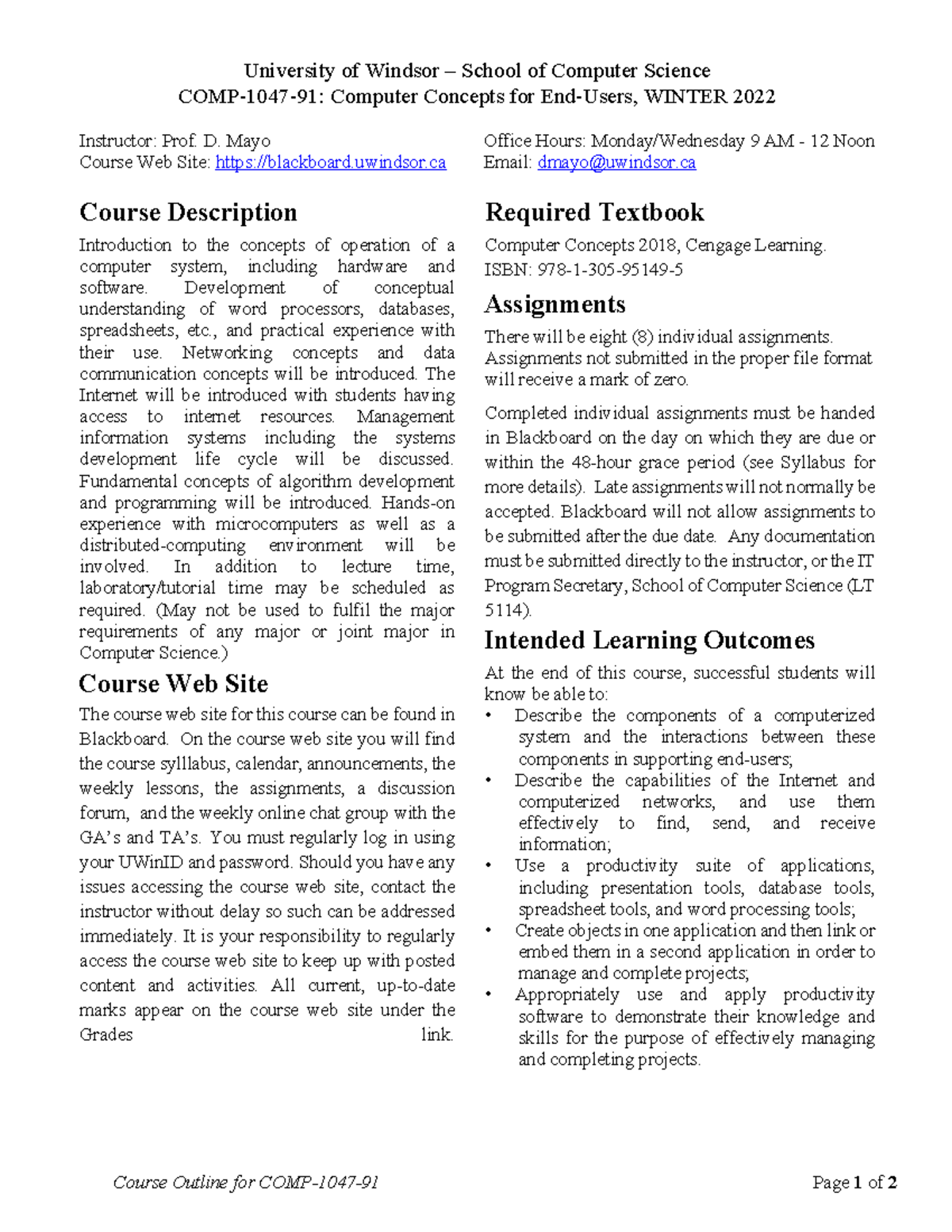 Course Outline COMP-1047-91 Winter 2022 - Course Outline for COMP-1047 ...