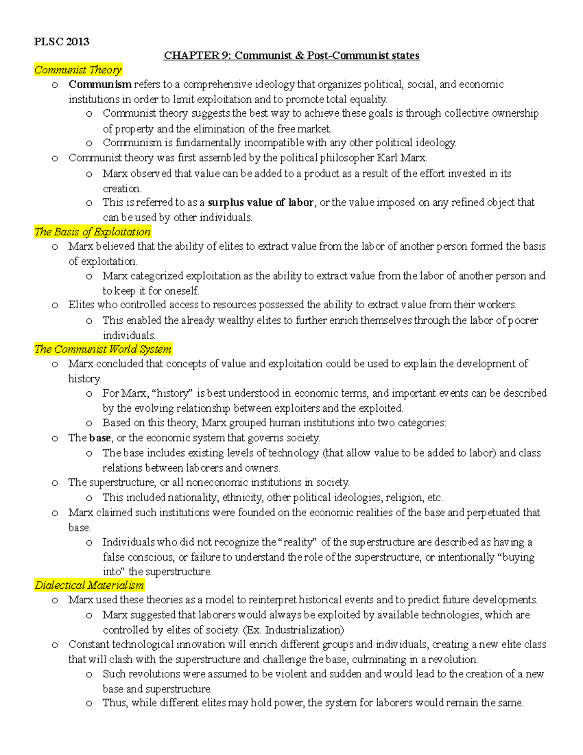 PLSC 2013 Unit 3 - William Sullivan - PLSC 2013 CHAPTER 9: Communist ...