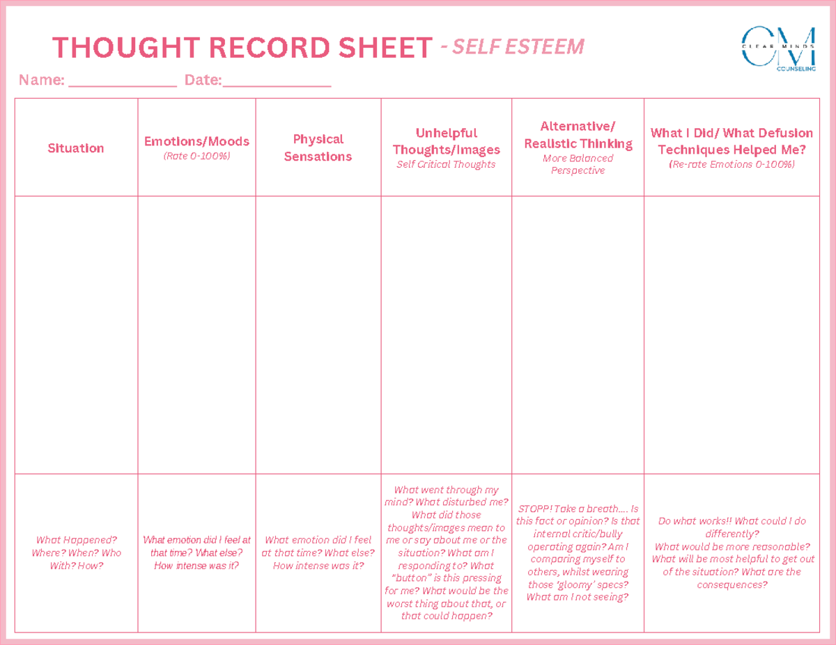 Thought Record Sheet - Situation Emotions/Moods (Rate 0-100%) Physical ...