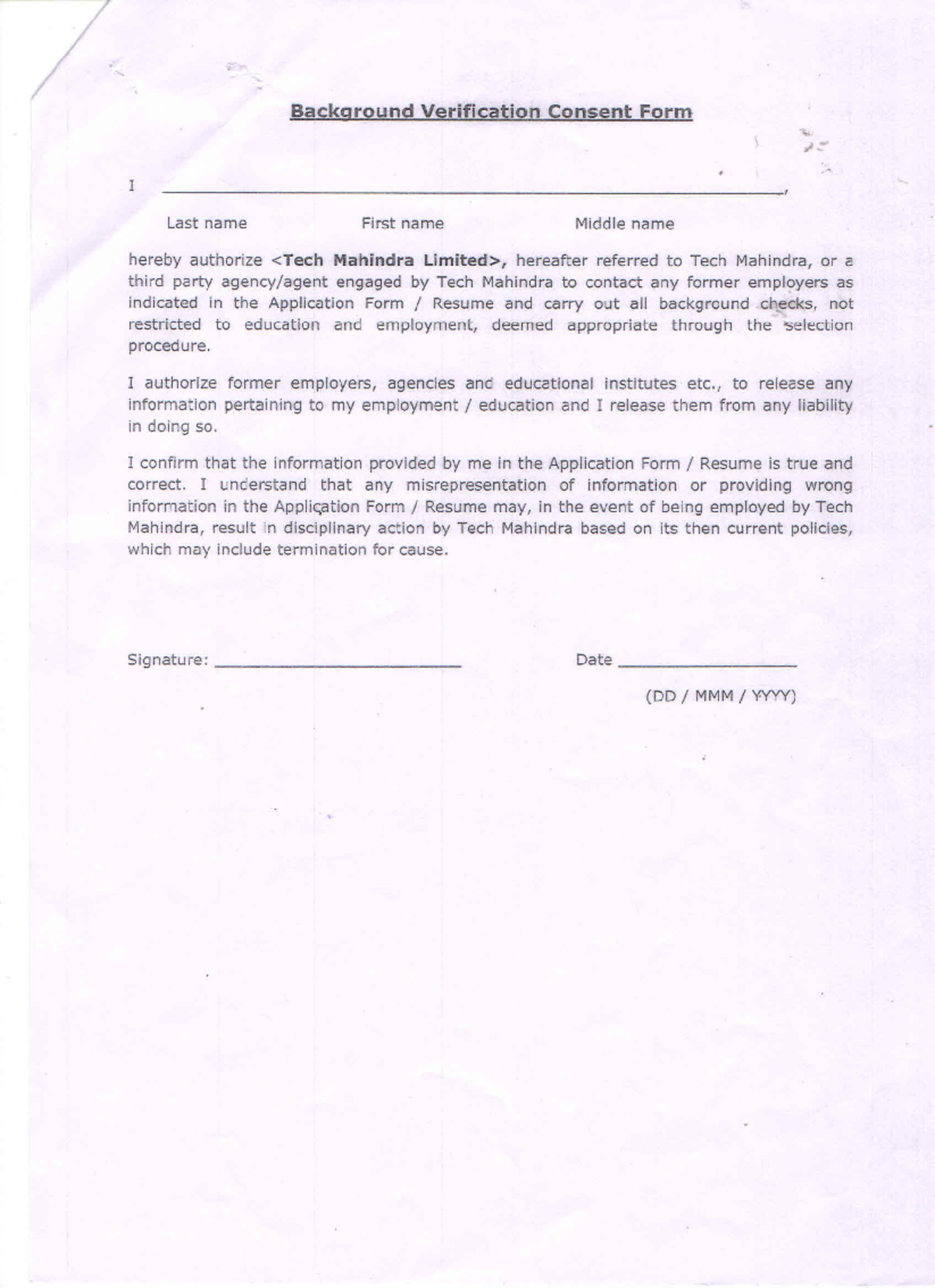 BV Consent form Blank Template - Background Verification Consent Form I Last name First name ...