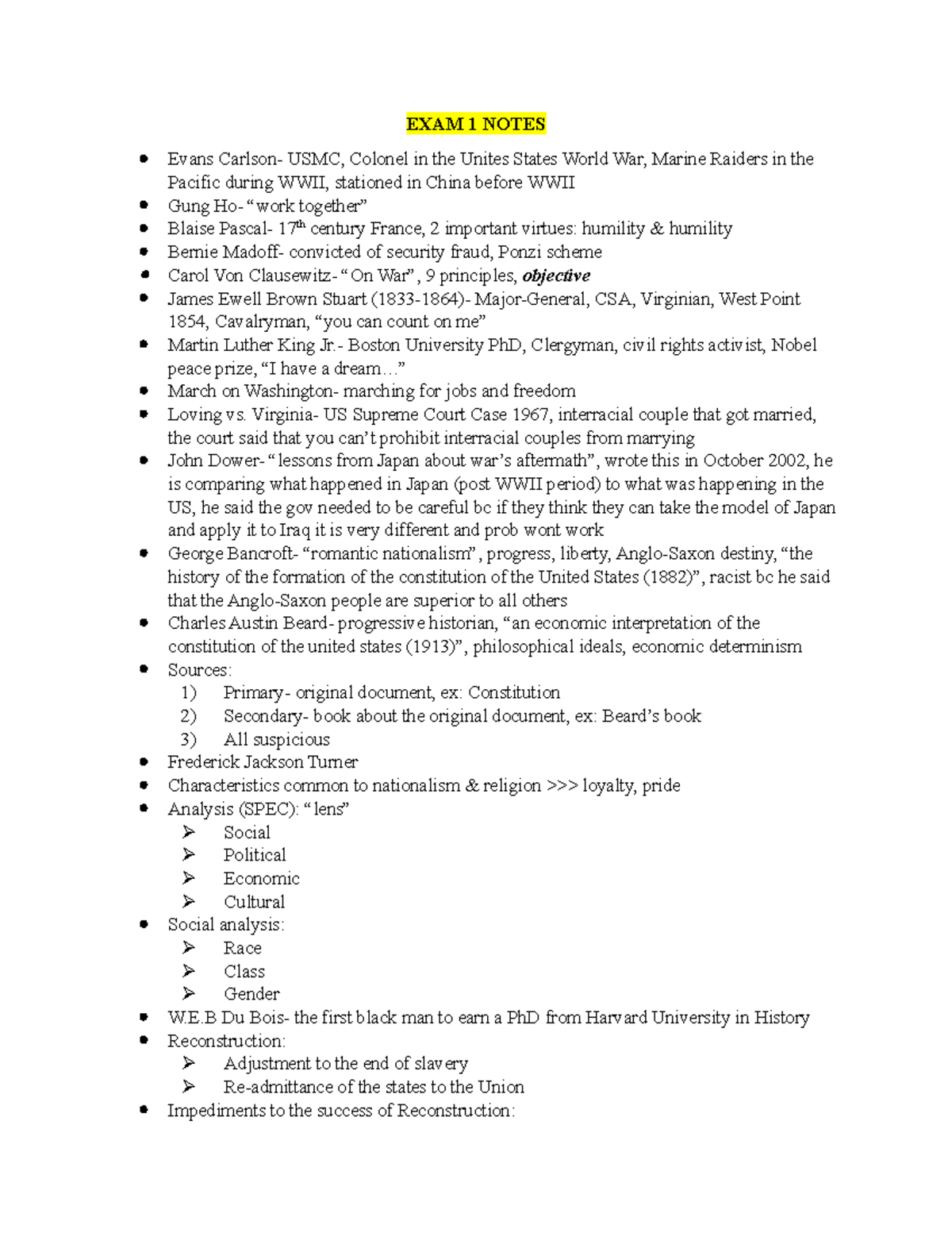 Exam 1 Notes - EXAM 1 NOTES Evans Carlson- USMC, Colonel in the Unites ...