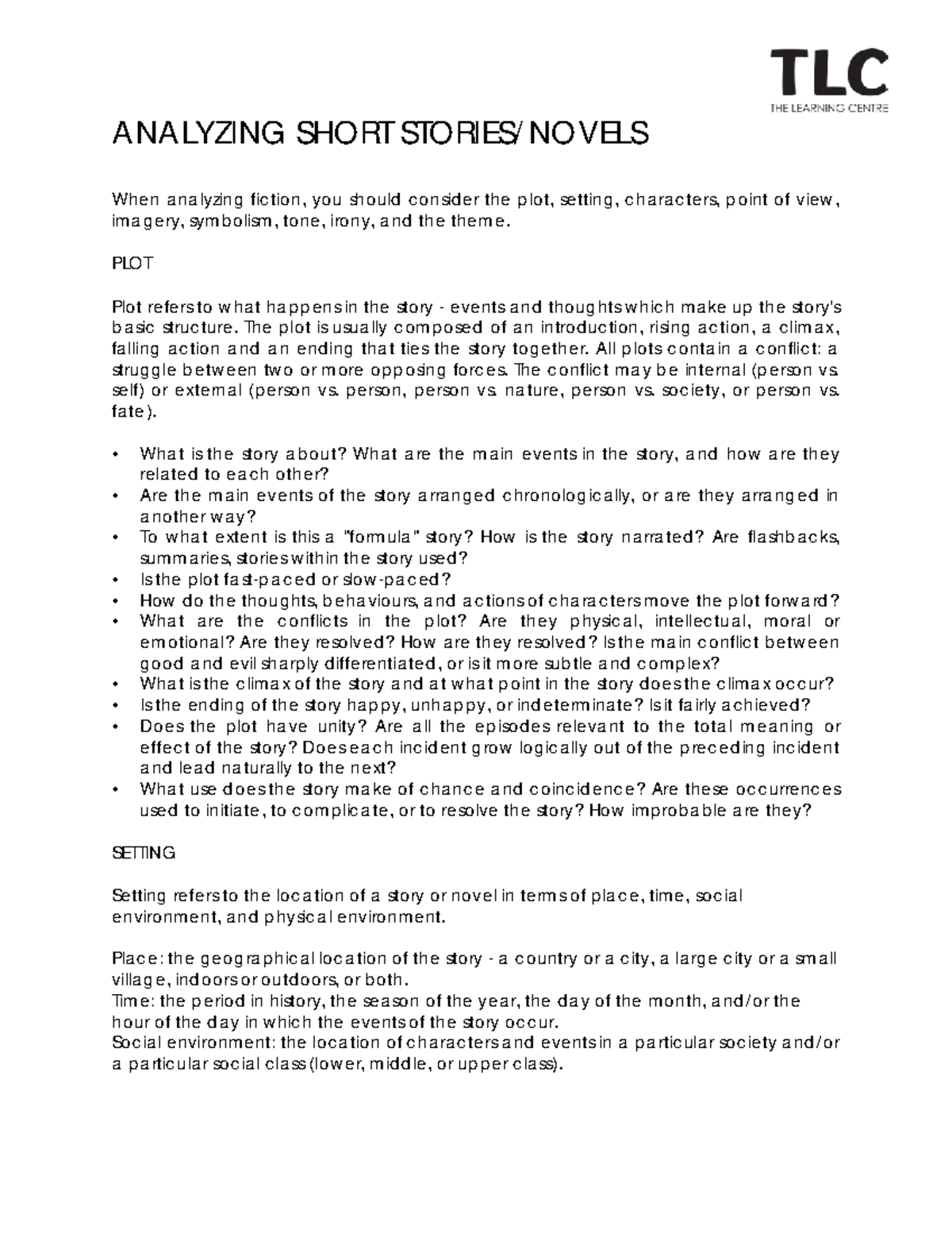 Analysing short stories 2 - ANALYZING SHORT STORIES/NOVELS When ...