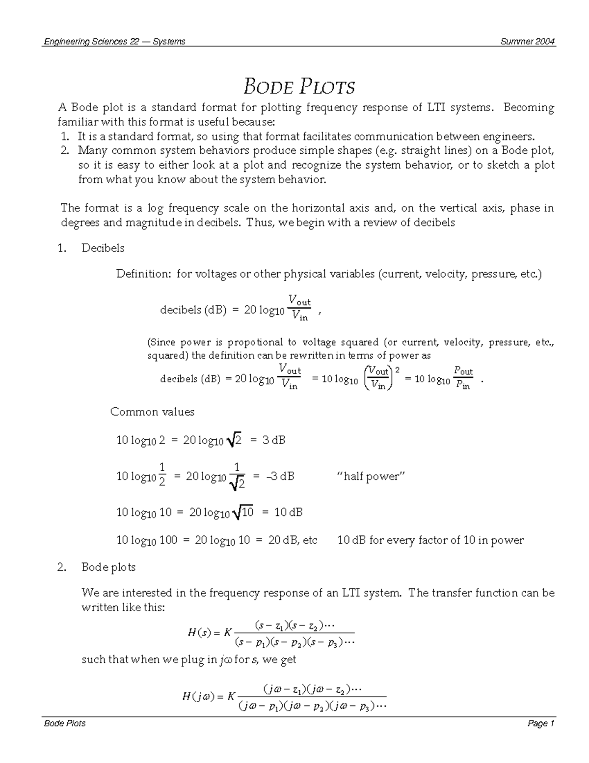 Bode plots - Lecture notes & study material - BODE PLOTS A Bode plot is ...