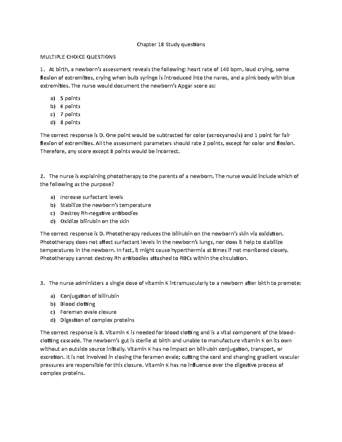 Chapter 18 Study questions-1 - Chapter 18 Study questions MULTIPLE CHOICE QUESTIONS At birth, a ...