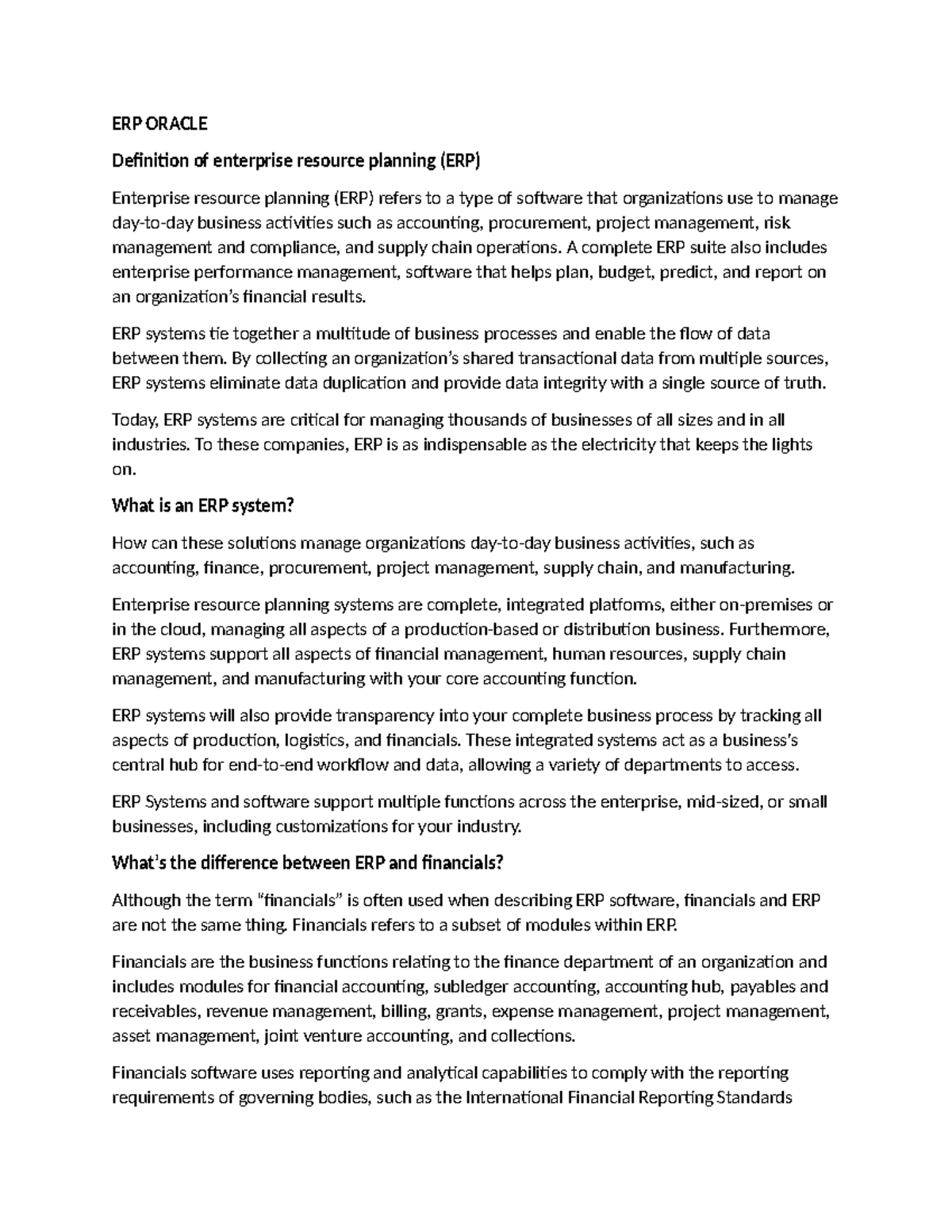 ERP BY Oracle - notes for lecture - ERP ORACLE Definition of enterprise ...