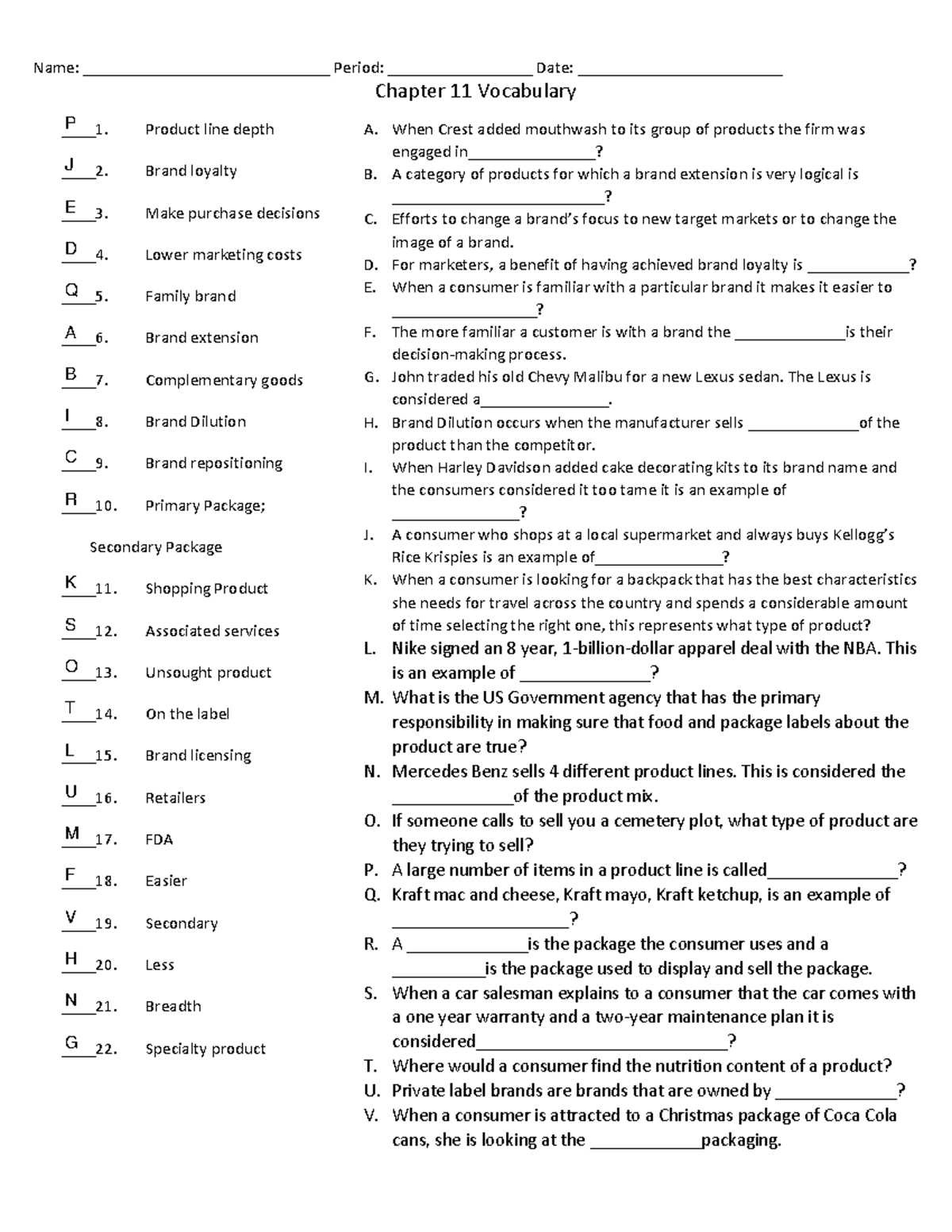 Chapter 11 Review Sheet - Matching Questions - Name ...