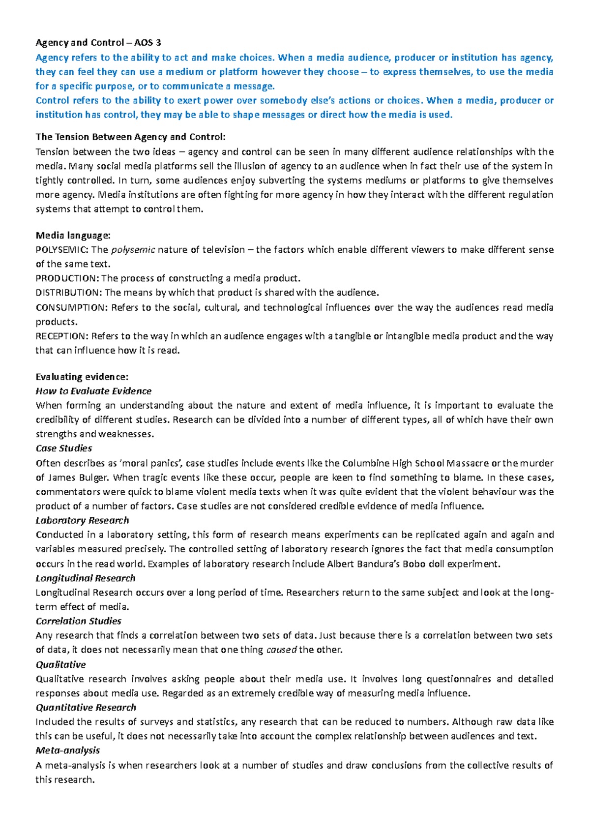 Agency and control Media Unit 4 - Agency and Control – AOS 3 Agency ...