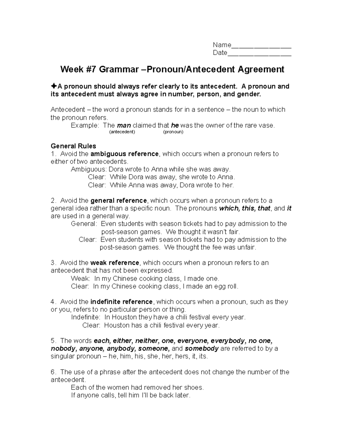 Pronoun Antecedent Practice - Name________________ Date ...
