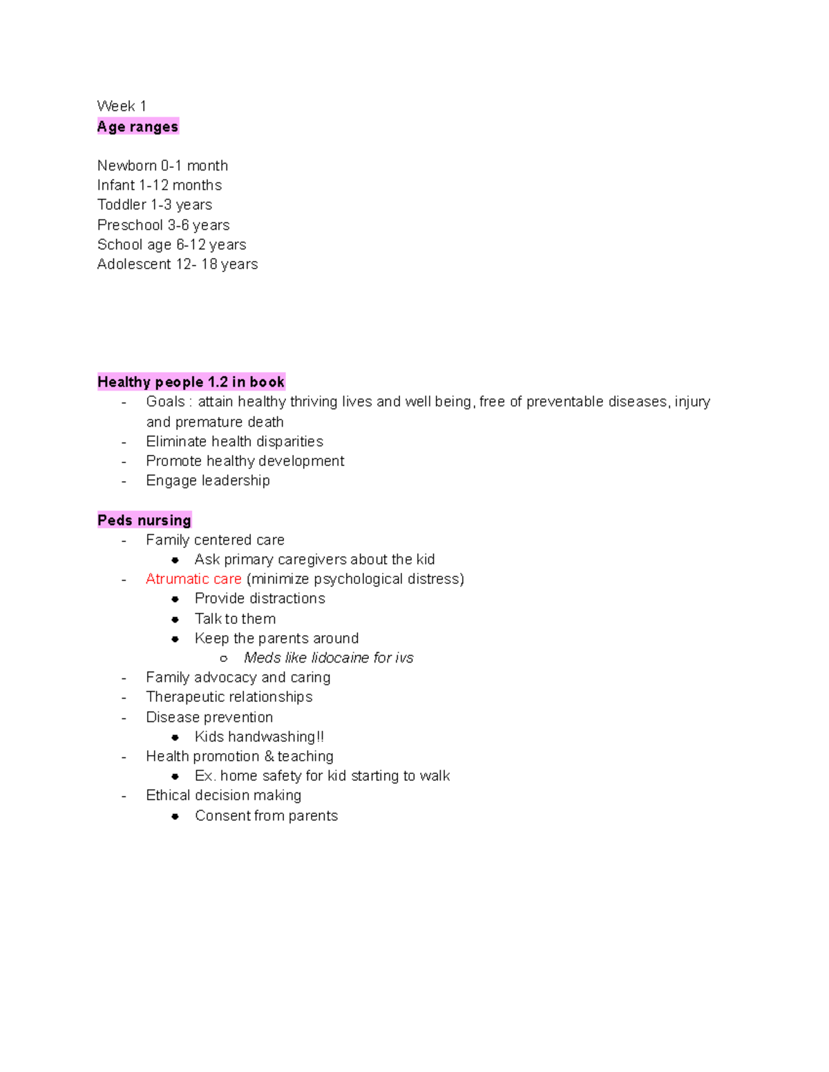 Peds Note for class - Week 1 Age ranges Newborn 0-1 month Infant 1-12 ...