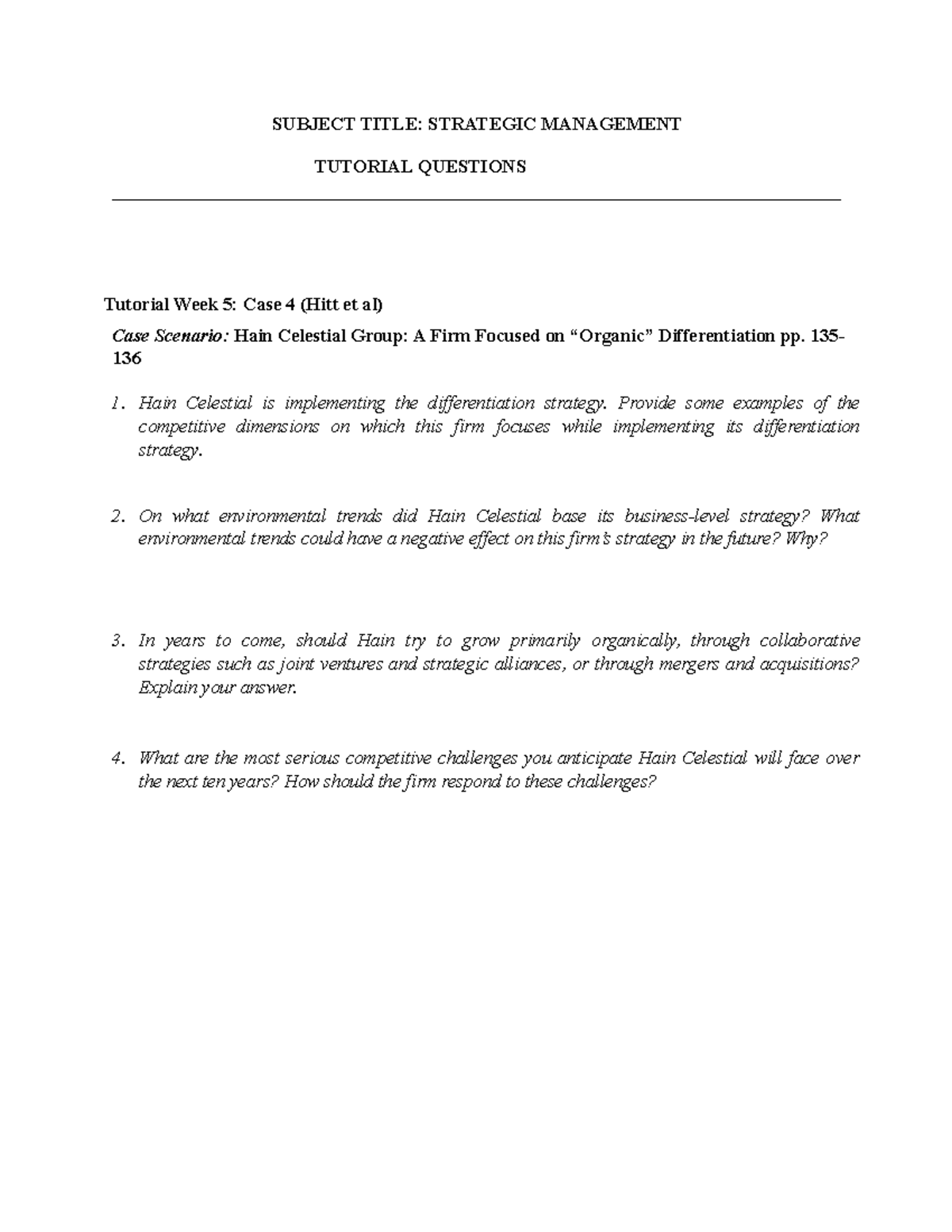 Jan 2021 SM Tutorial Case Week 5 - SUBJECT TITLE: STRATEGIC MANAGEMENT ...